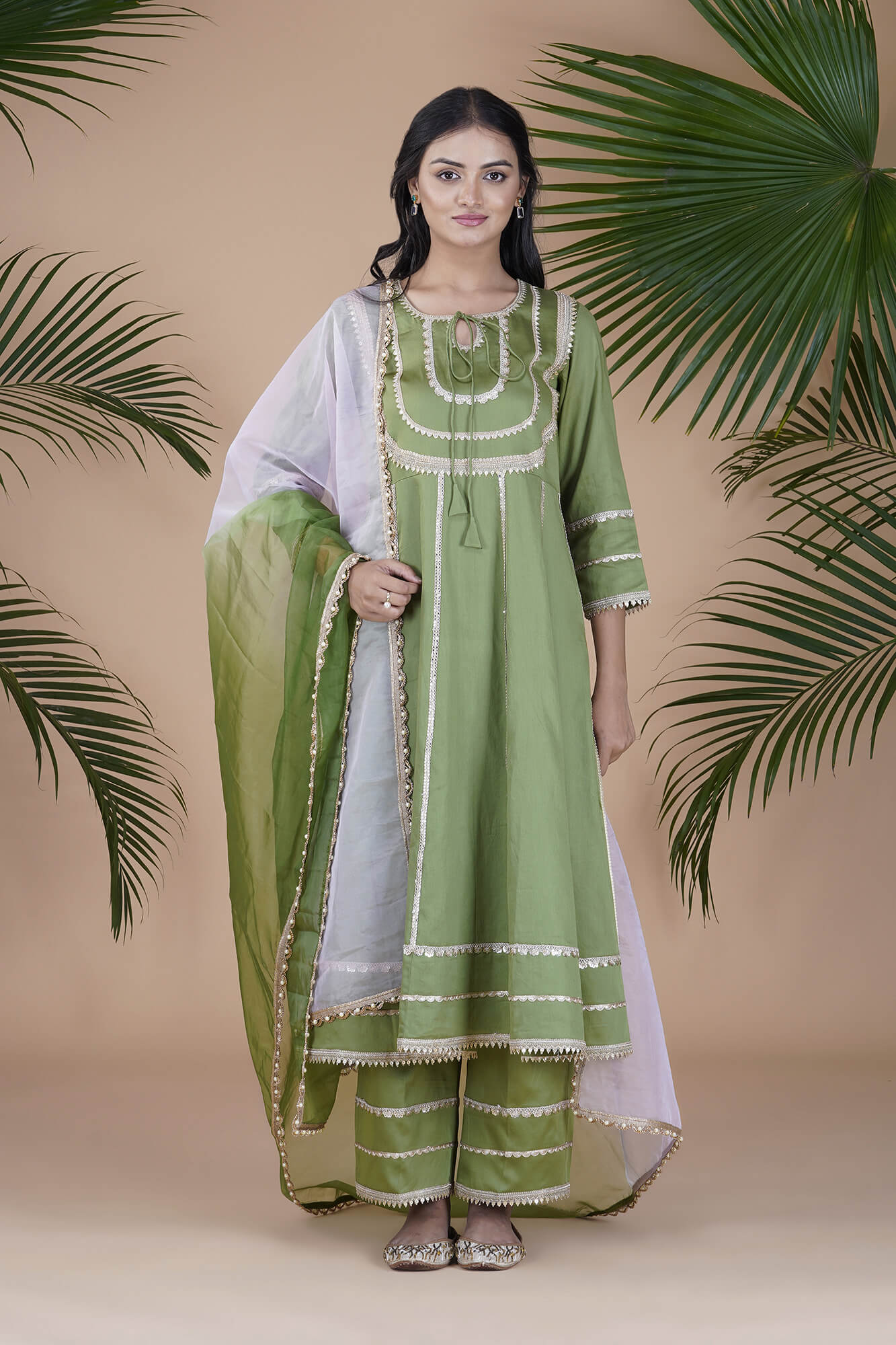 Olive Gold Embriodered Kalidar Suit Set