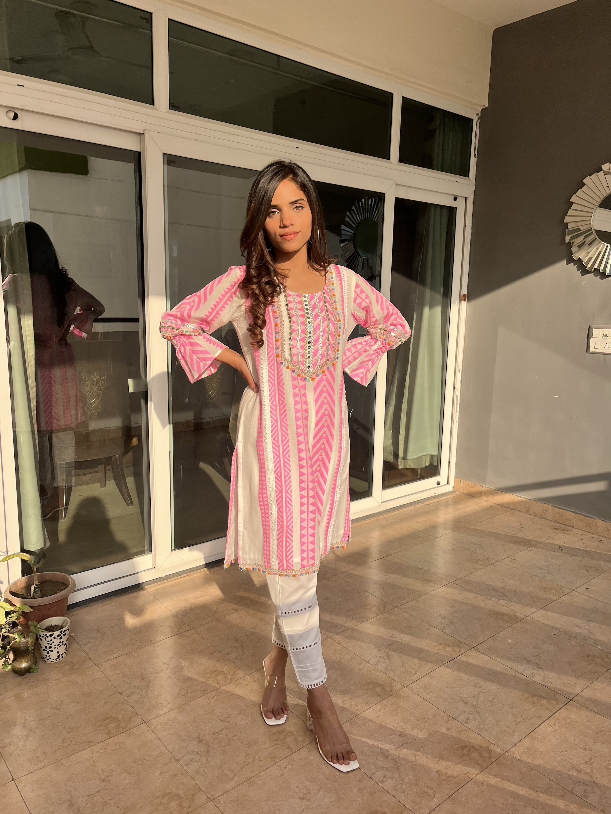 Neon Pink and White Boho Mirror work Tunic Set. (SET OF 2)