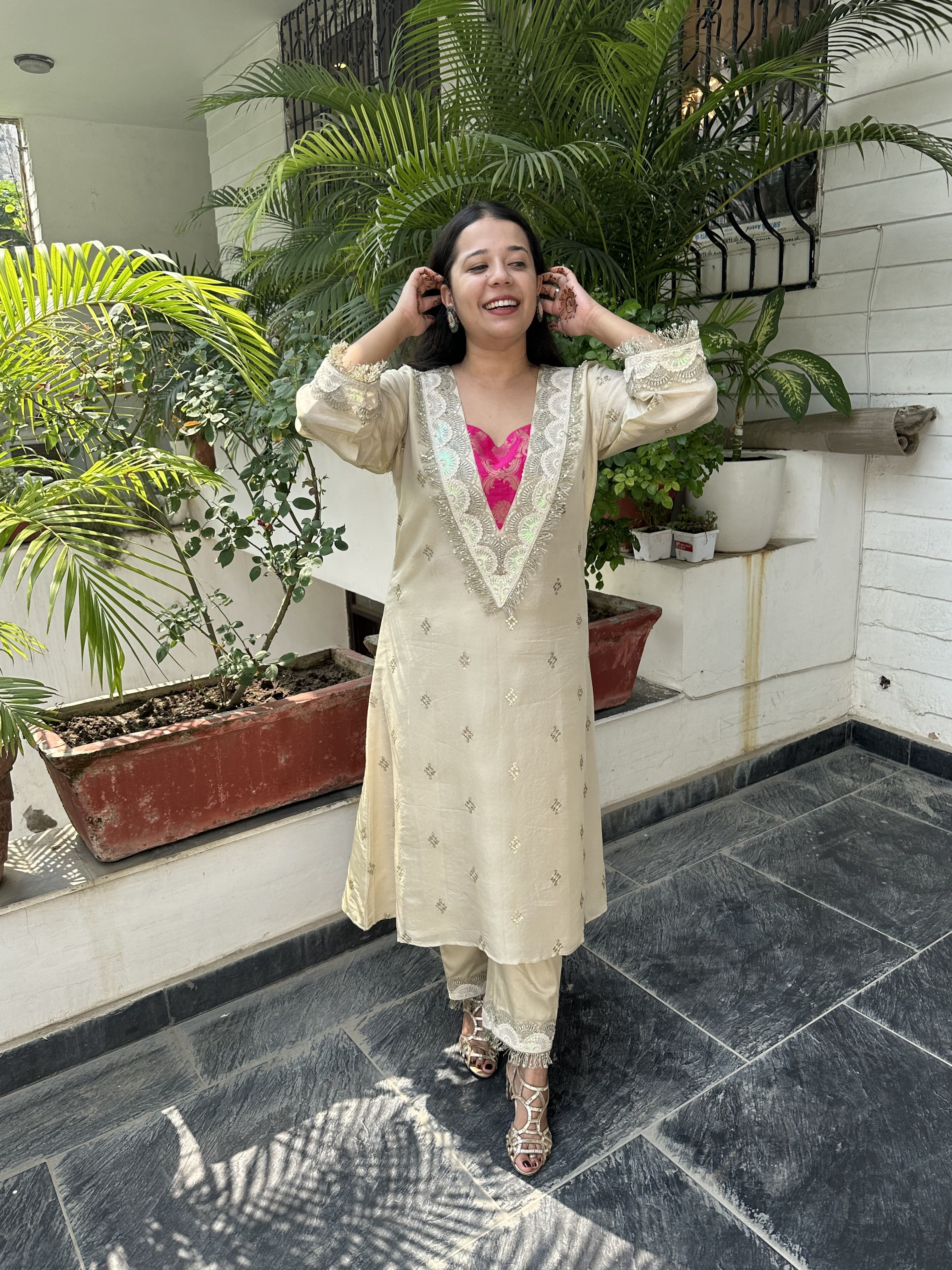 Gold Tissue Suit set with Pink Brocade Detailing