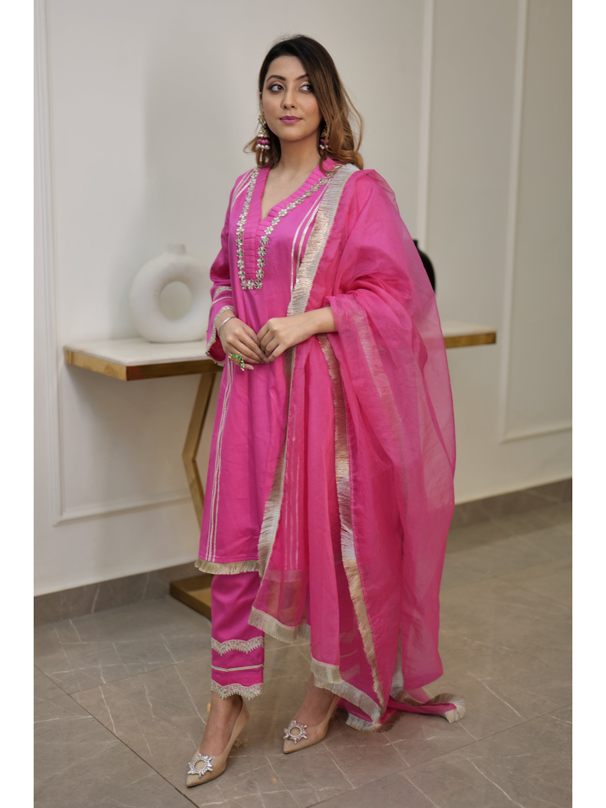 Fuchsia Pink Princess Cut Suit With Straight Fit Pants & Dupatta